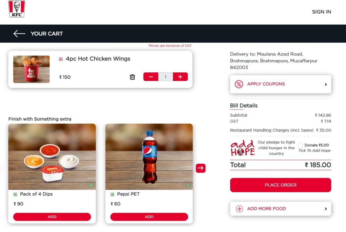 How to order from KFC Muzaffarpur Online?